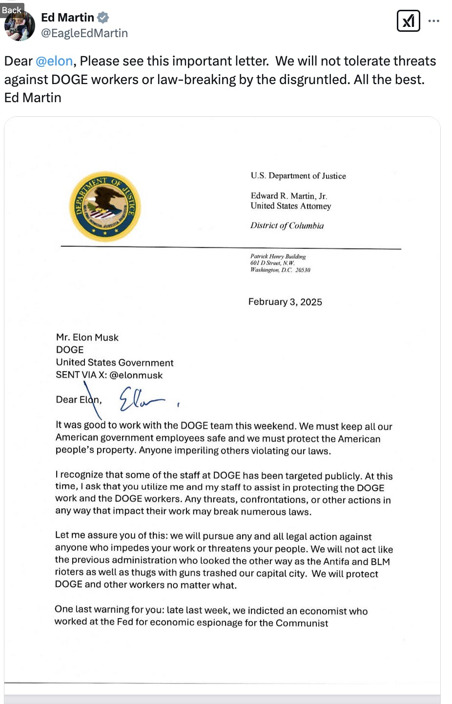 U.S. Attorney Vows to Target Anyone Who Tries to Stop Elon Musk’s DOGE