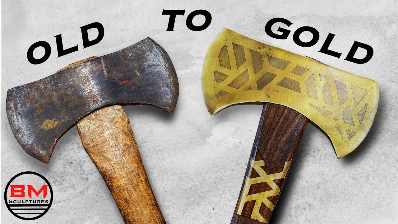 Restoration of an Antique Rusty Axe // Woodworking, Brass plating ...