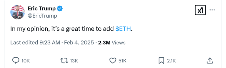 Ethereum tops $2.9K while Eric Trump says ‘it’s a great time to add ETH’