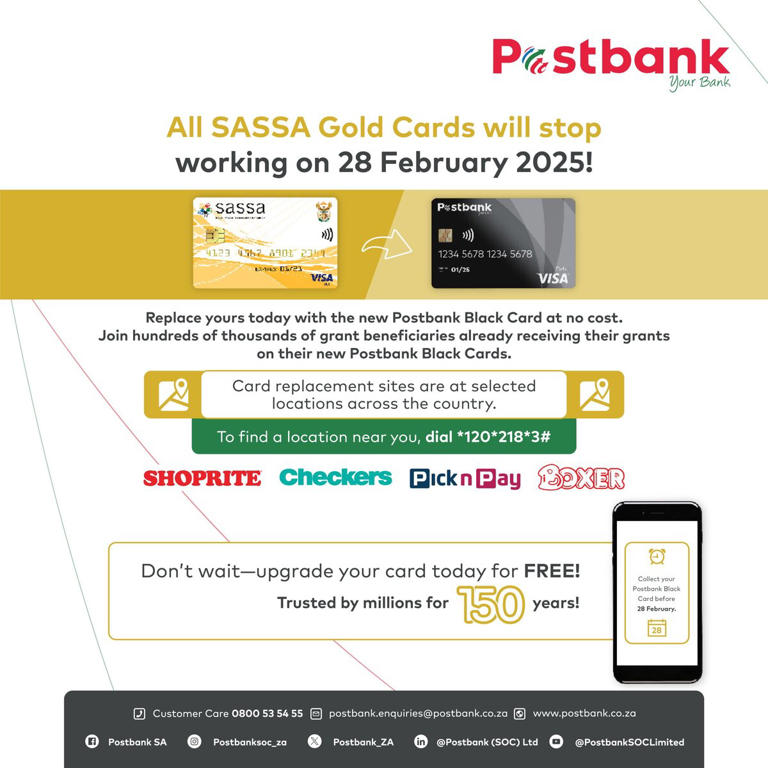 Reminder: SASSA gold cards will be deactivated on 28 February