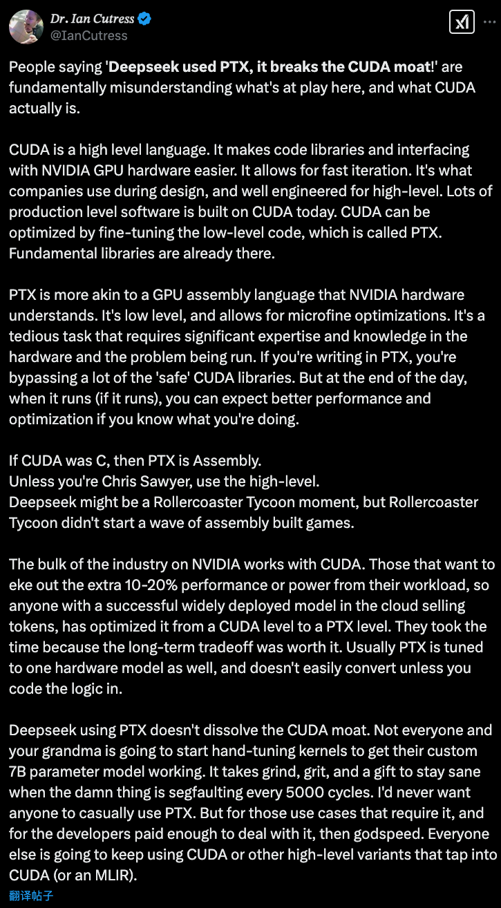 DeepSeek 绕开 CUDA 垄断，针对英伟达 PTX 进行优化实现最大性能，英伟达护城河还在吗？