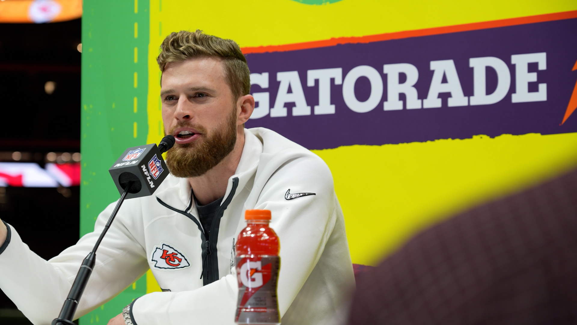 Harrison Butker Meets The Media During The Opening Night Of Super Bowl LIX