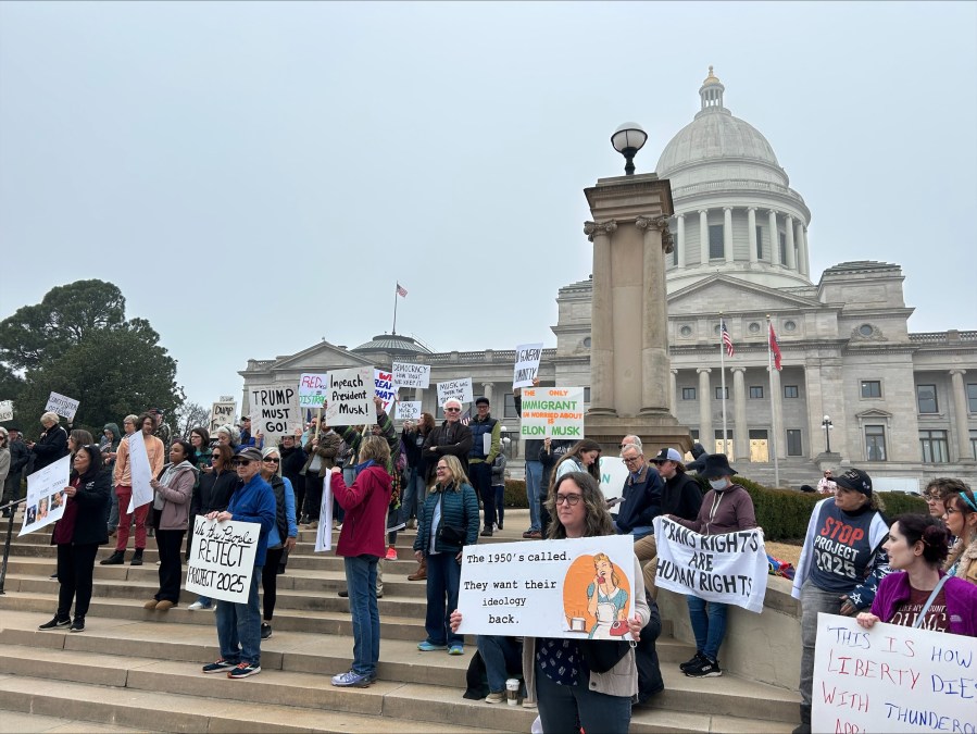 Protestors gather at Arkansas State Capitol opposing President Donald ...