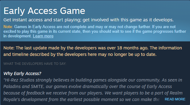 Steam Now Warns You if an Early Access Game Hasn't Seen Any Recent Updates