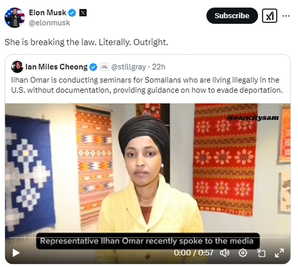 Elon Musk blasts Ilhan Omar over alleged 'immigration seminars'