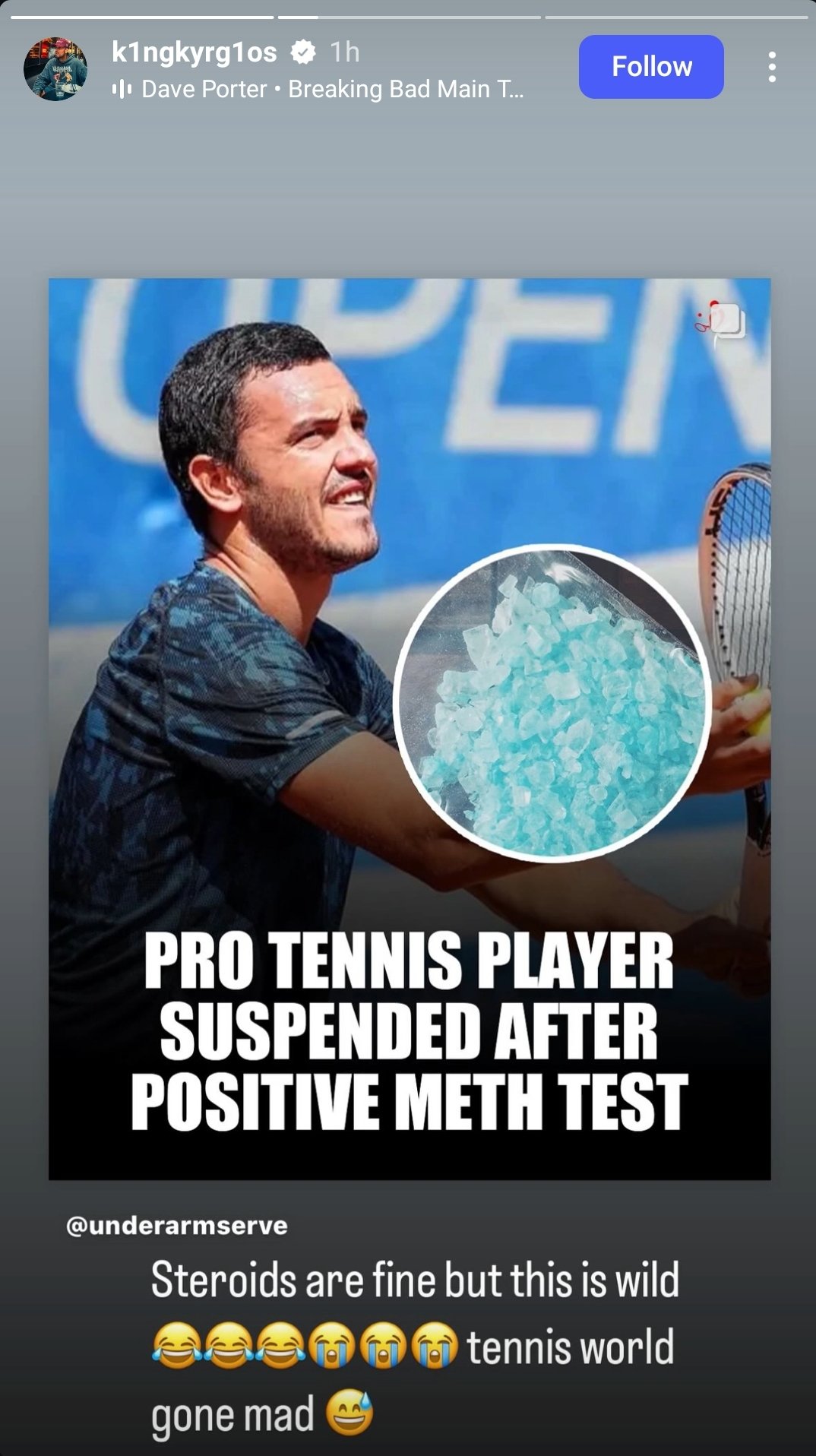 Tennis star reacts to ban for testing positive for meth
