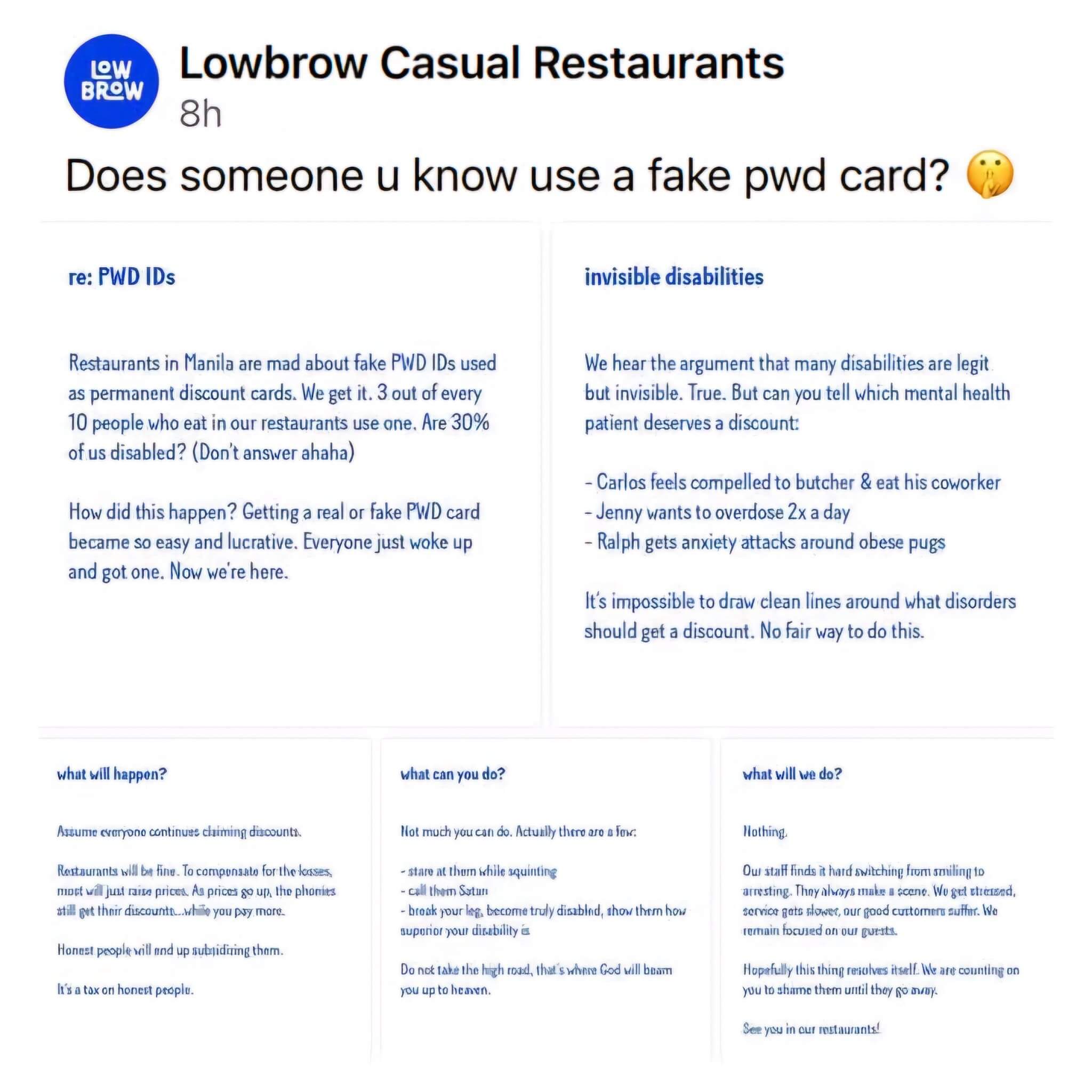 Restaurant group apologizes for statement on 'invisible' disabilities ...