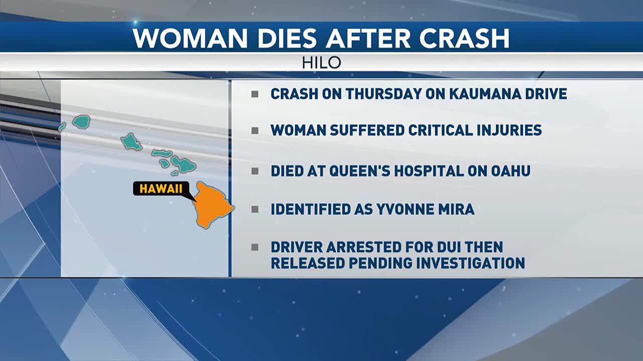 Hilo woman critically injured in single-car crash dies