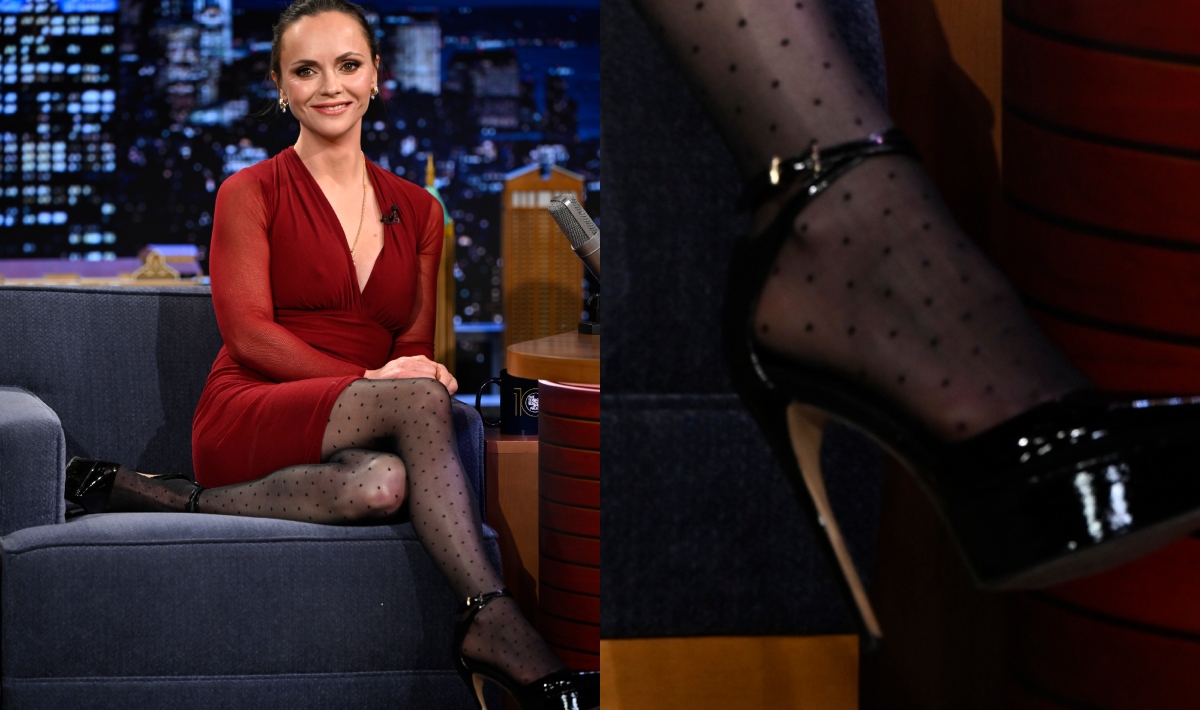 Christina Ricci Pairs Recycled Red Minidress with Glossy Sky-High ...