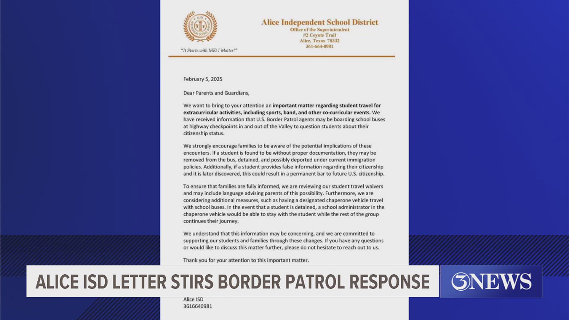 Alice ISD letter causes Border Patrol to respond