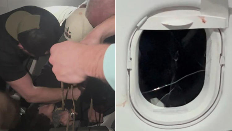 Passenger restrained after cracking window during mid-flight chaos on ...