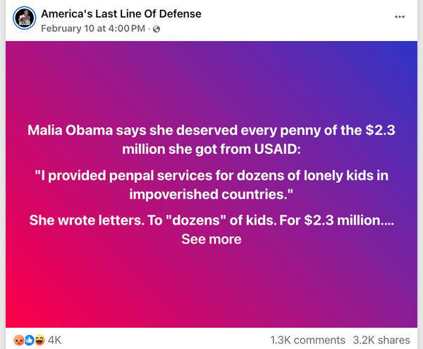Exposing claim that Malia Obama received around $2.5M from USAID