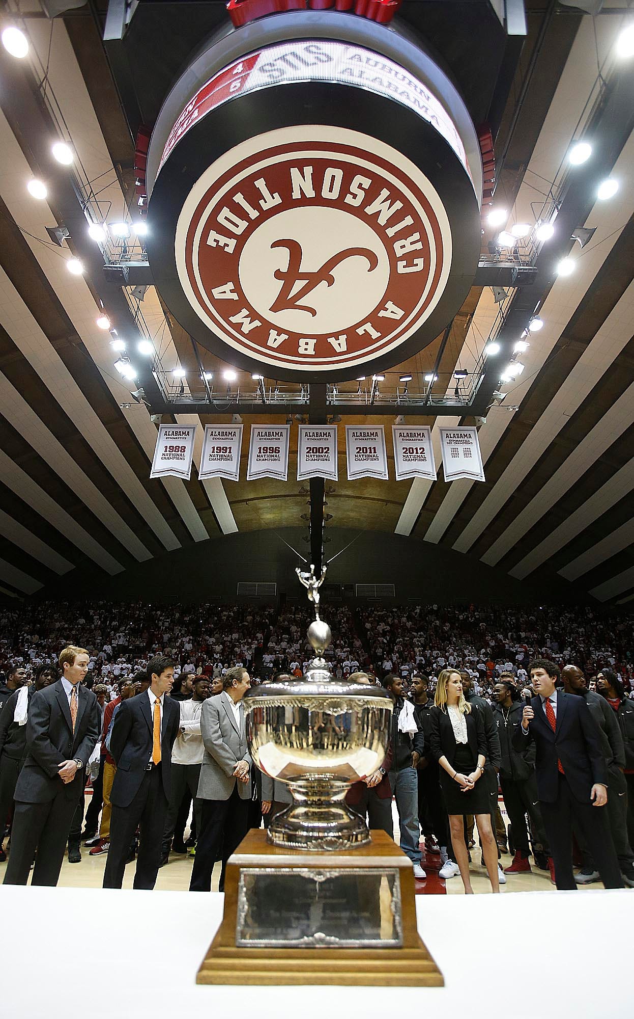 Iron Bowl trophy presented during Alabama-Auburn basketball game