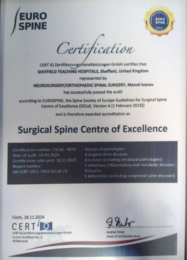 Sheffield Hospitals awarded spinal surgery centre of excellence status