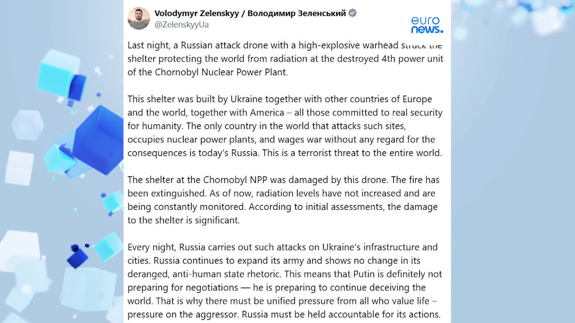 Russian drone attack damages Chernobyl nuclear plant's protective ...