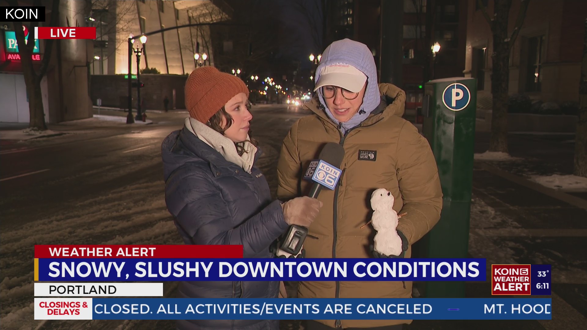 Reporter Elise Haas & Meteorologist Kelley Bayern make snowmen in Portland
