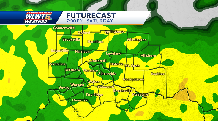 Hour-by-hour rain forecast for Cincinnati region Saturday