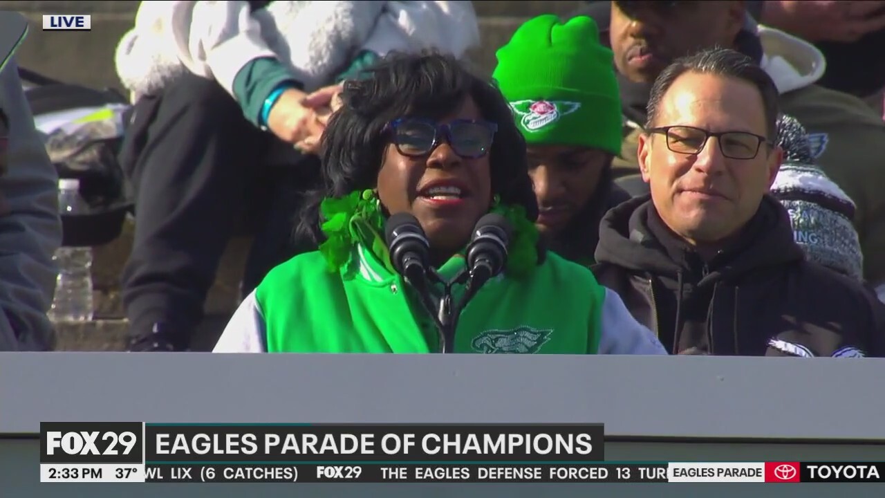 Mayor Cherelle Parker gives speech at Eagles Super Bowl Parade
