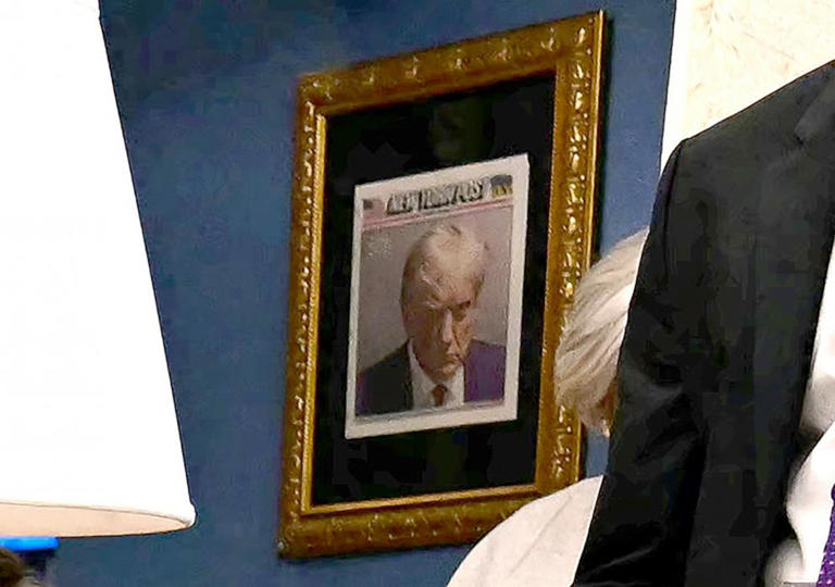 Trump mug shot hung just outside Oval Office, photos show