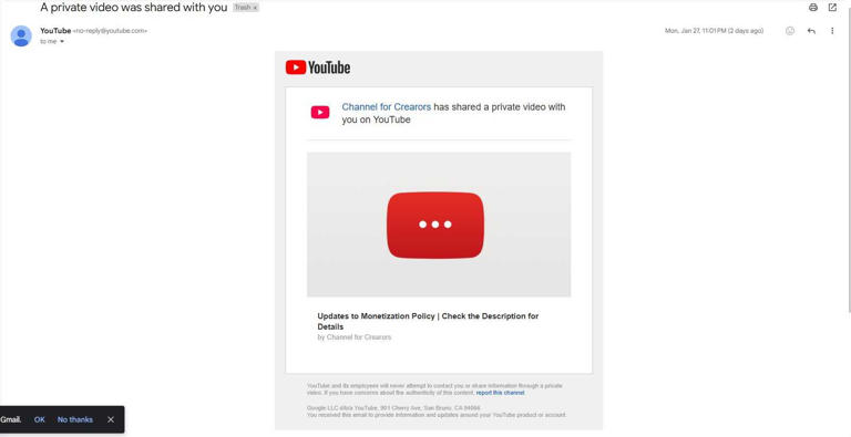 Think twice before you open an email that appears to be from YouTube