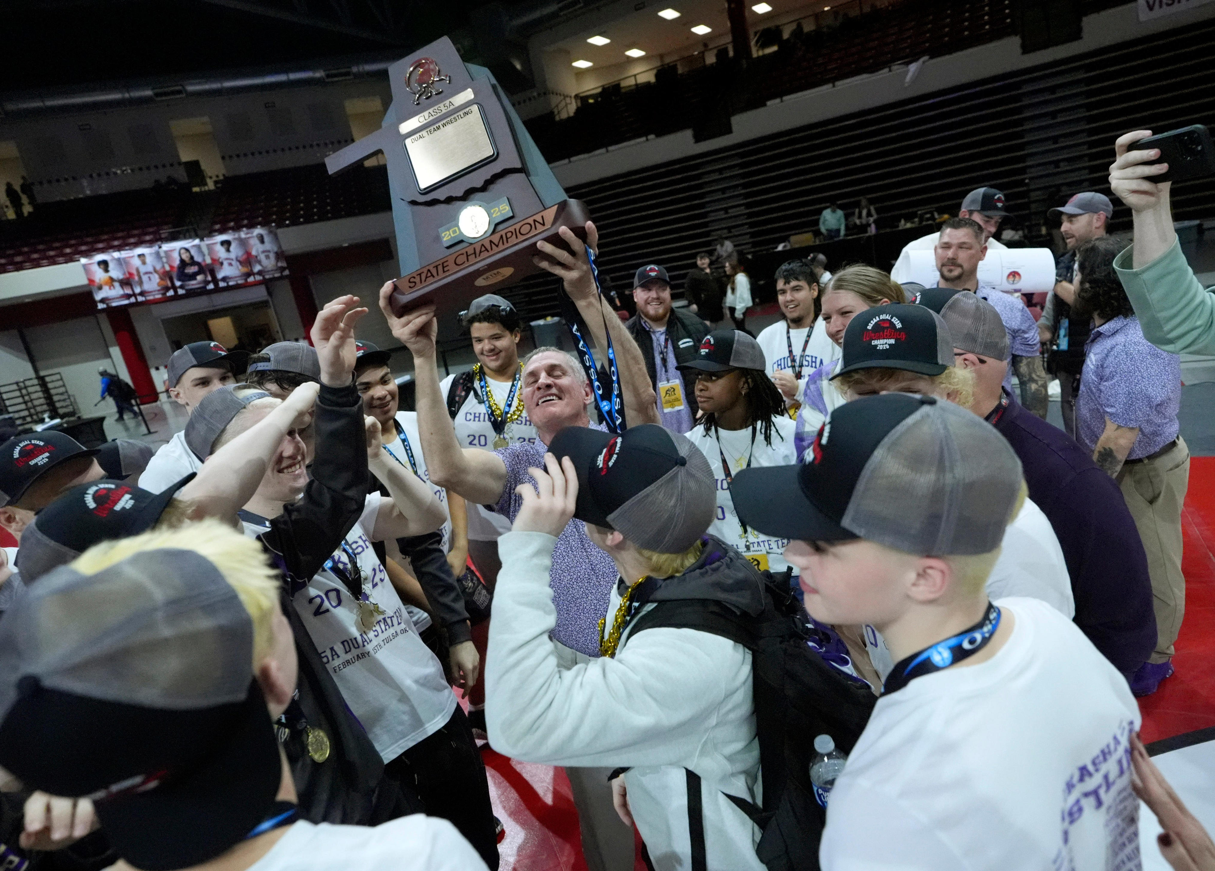 Oklahoma high school wrestling 2025 dual state tournament pairings, results