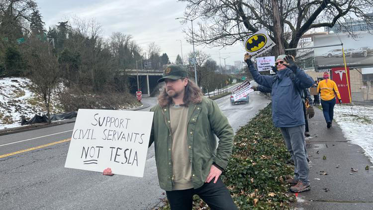 Portland demonstrators rally against Elon Musk, DOGE outside of Tesla ...