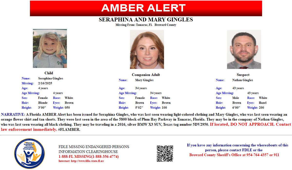Amber Alert issued for 4-year-old girl last seen with mother in Tamarac