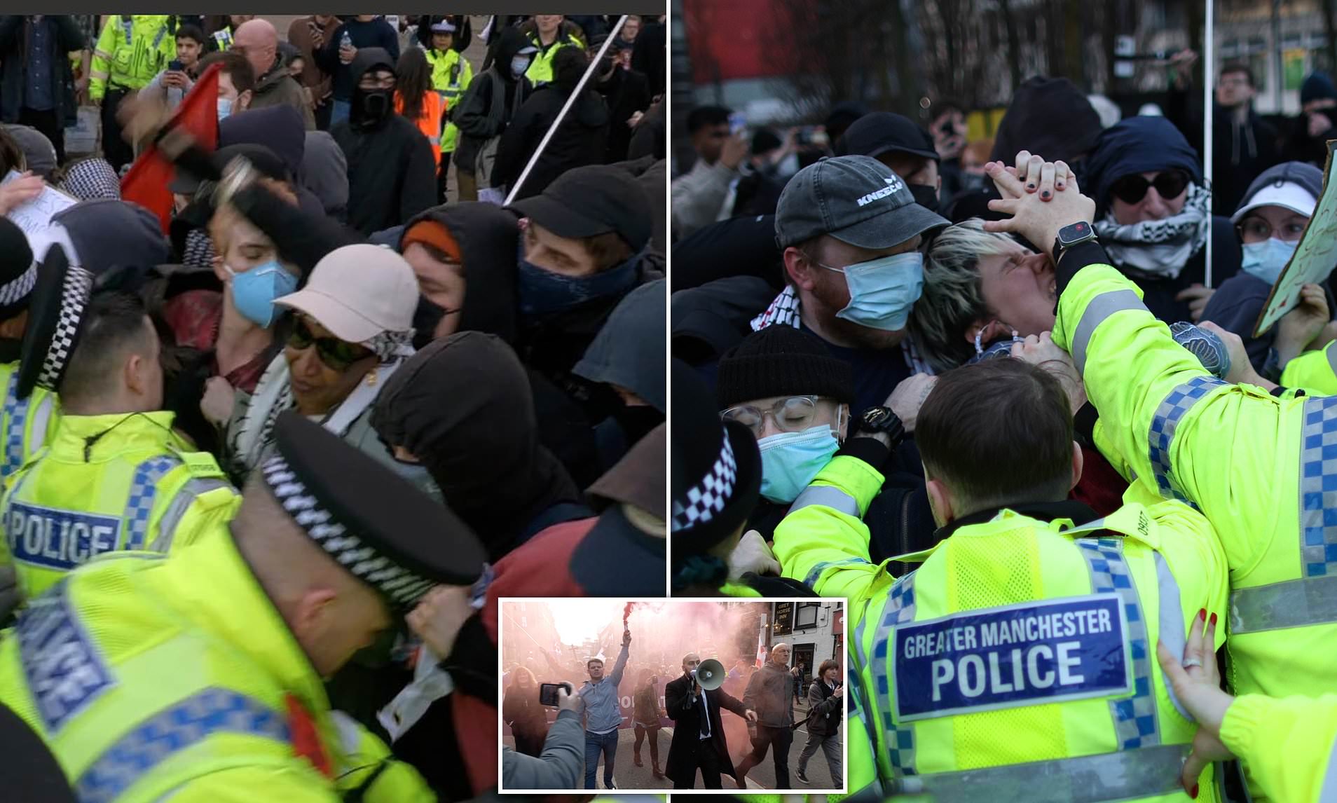 Moment protester flips cap off policeman's head at UKIP rally