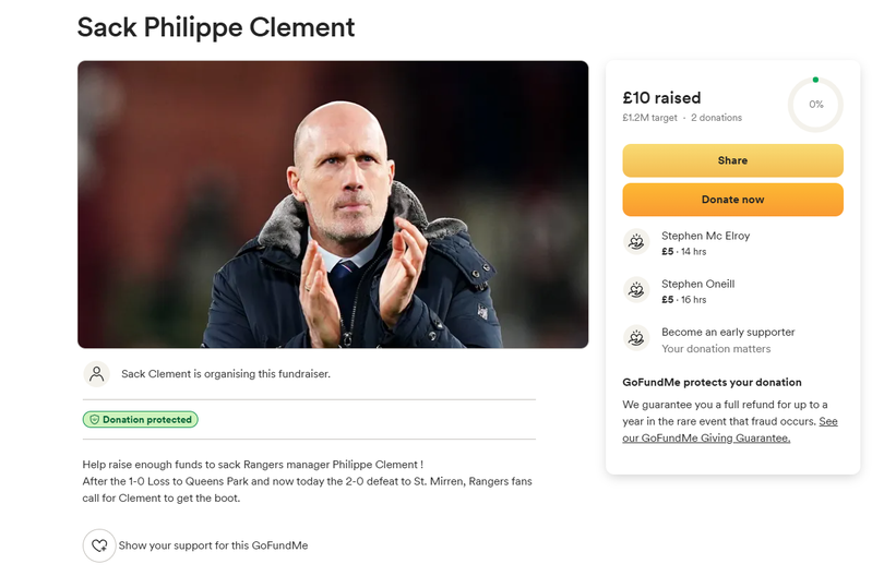 Rangers fans launch 'sack Philippe Clement' GoFundMe page - but fall ...