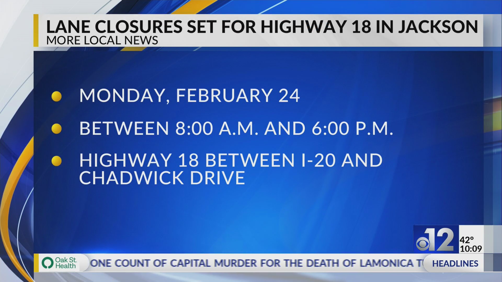 Lane closures set for Highway 18 in Jackson