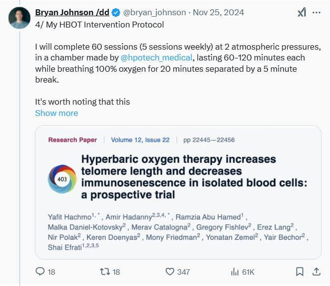 'Age-reversing' CEO Bryan Johnson Turns Hyperbaric Oxygen Chamber Into ...
