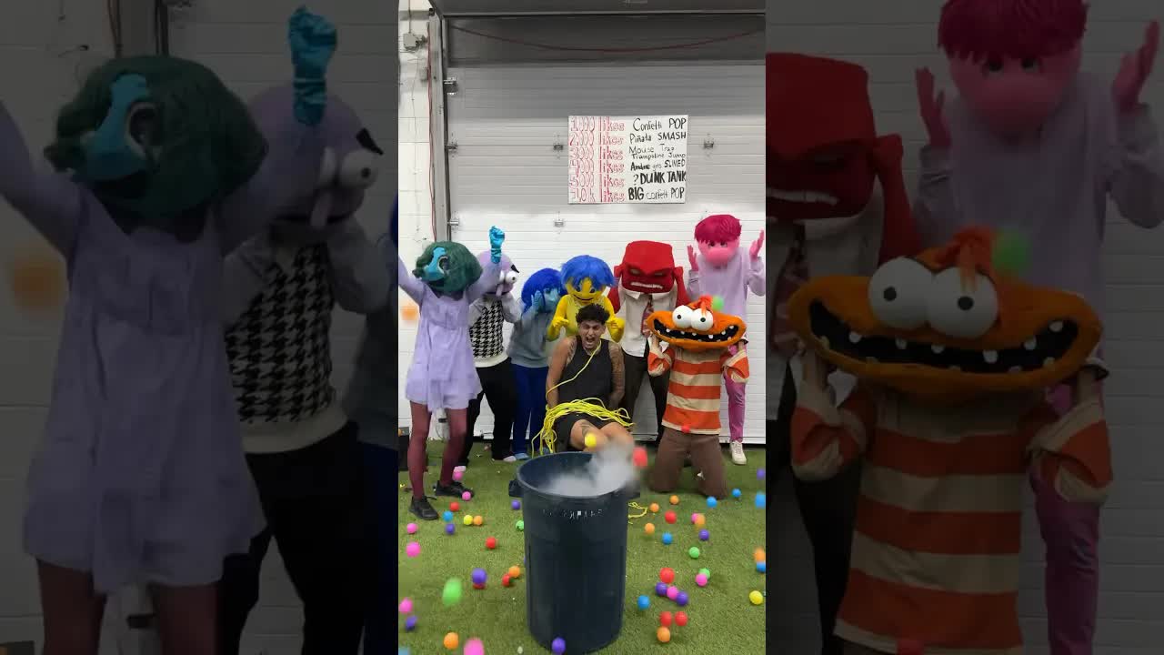 Inside Out Characters Throw Balls at Man Tied to Trash Can