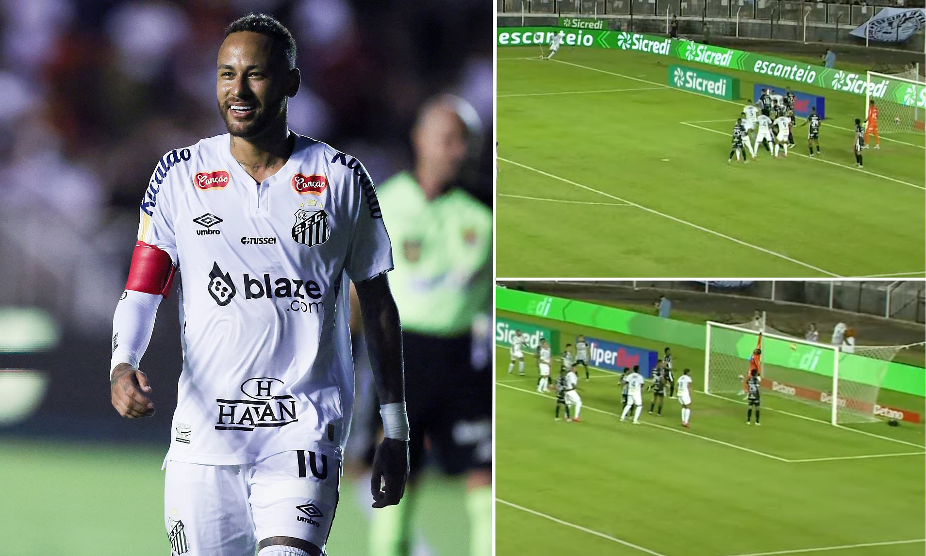 Santos star Neymar scores directly from a corner kick just seconds ...
