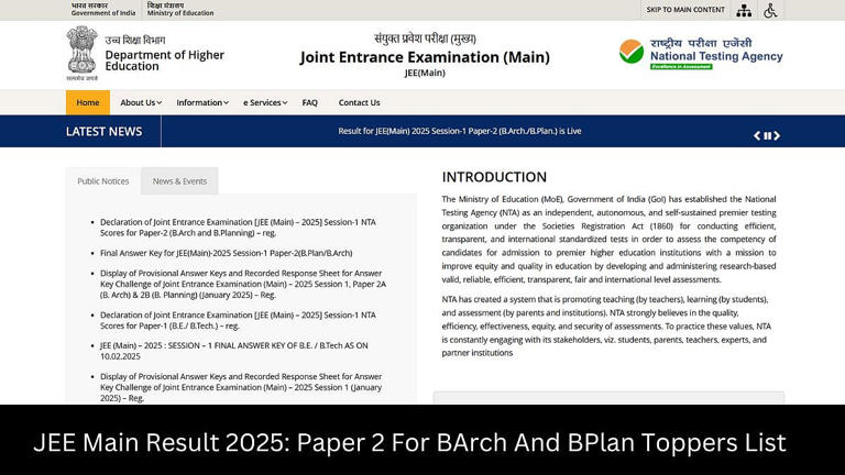 JEE Main Result 2025: Paper 2 Toppers Name Released At jeemain.nta.ac.in; Check Full List Here