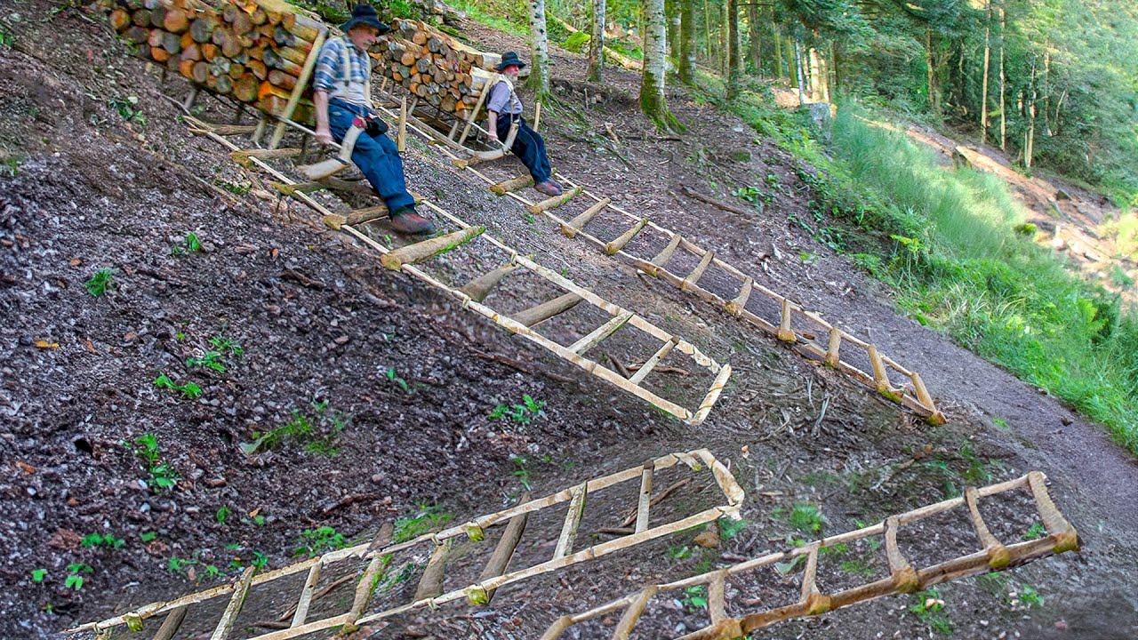 French Primitive Technique to Move Tons of Wood from Top of Mountain