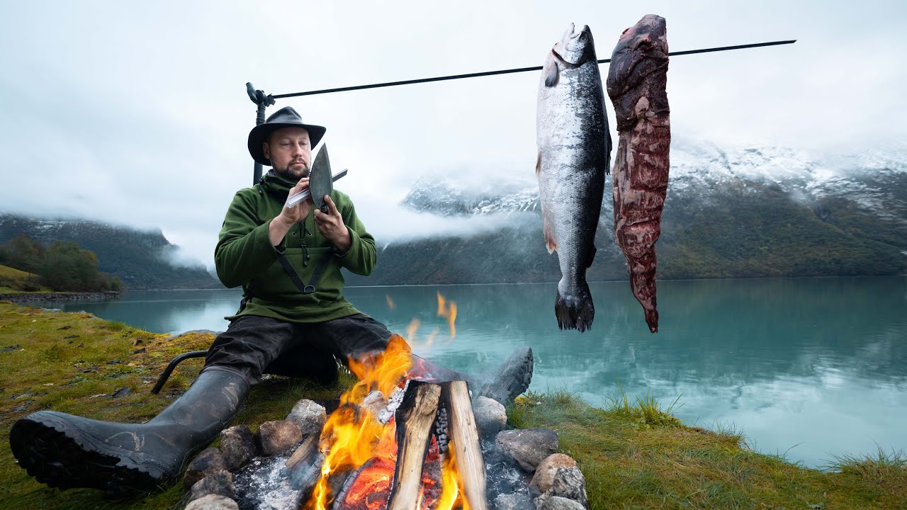 Salmon & Steak Over Open Fire – ASMR Cooking