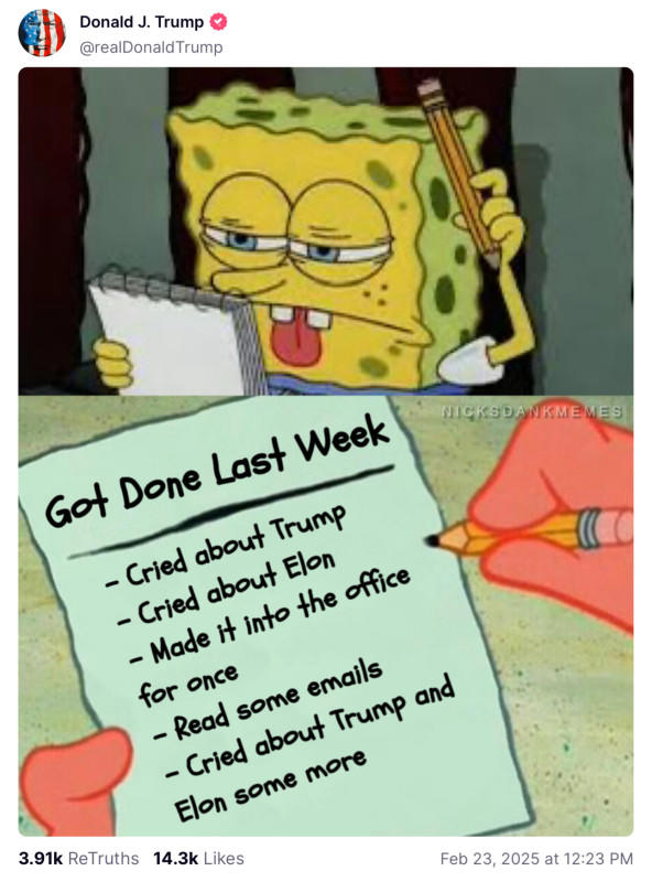 Trump Mocks Federal Workers with SpongeBob Meme