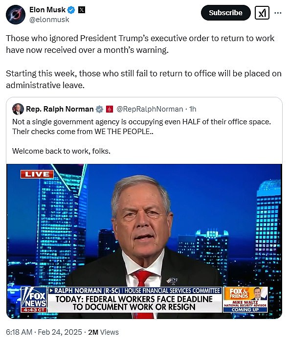 Elon Musk's warning for federal workers refusing to return to office