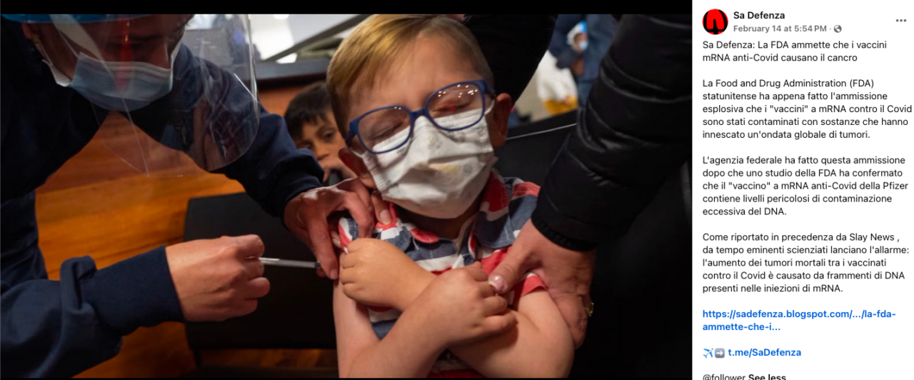 L’FDA non ha ammesso che i vaccini Covid causino il cancro
