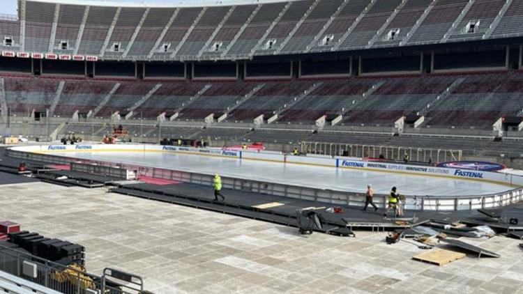 Crews prepare ice rink for NHL Stadium Series at the 'Shoe