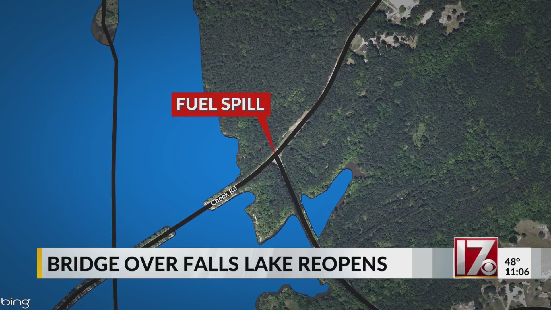 Cheek Road bridge over Falls Lake reopens after fuel spill