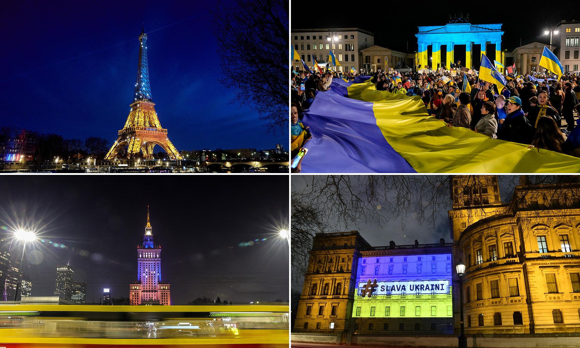 Landmarks across Europe coloured yellow and blue for Ukraine