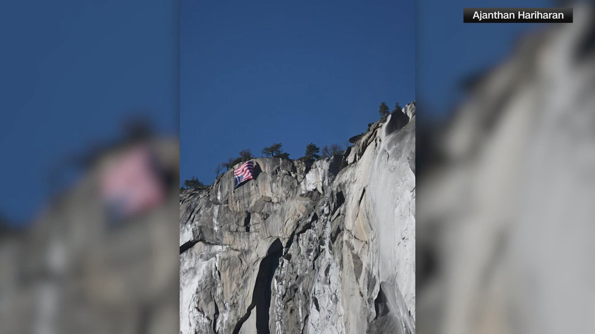Upside-down American flag draped off El Capitan at Yosemite Upside-down American flag draped off El Capitan at Yosemite