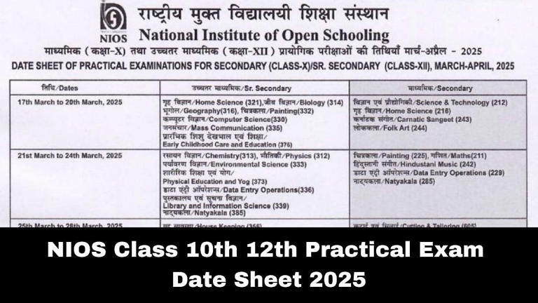 Nios Class 10th 12th Practical Exam Date Sheet 2025 Released Download