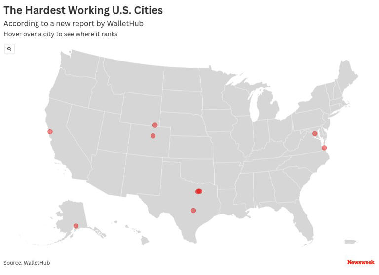 Map Reveals Top 10 Hardest-Working Cities in US