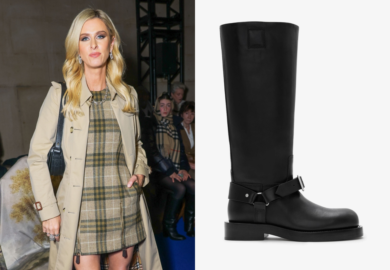 Nicky Hilton Sits Front Row in a Harness Boots With Tartan Minidress ...