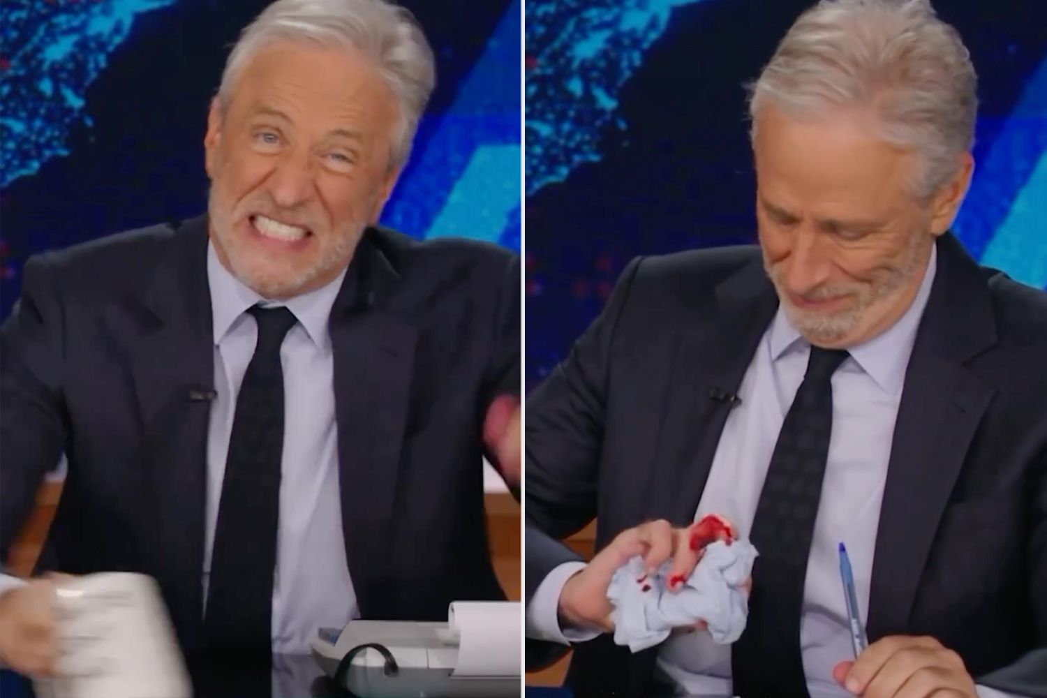 Jon Stewart Slices Hand While Smashing Coffee Mug on “The Daily Show ...