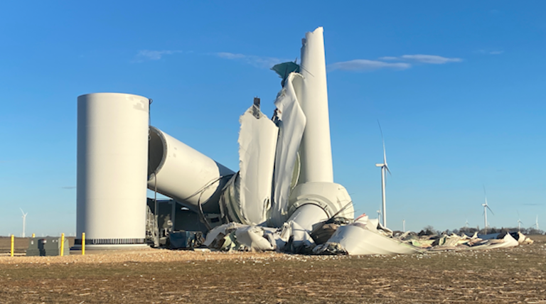 Destruction left behind after wind turbine collapses in northern Oklahoma