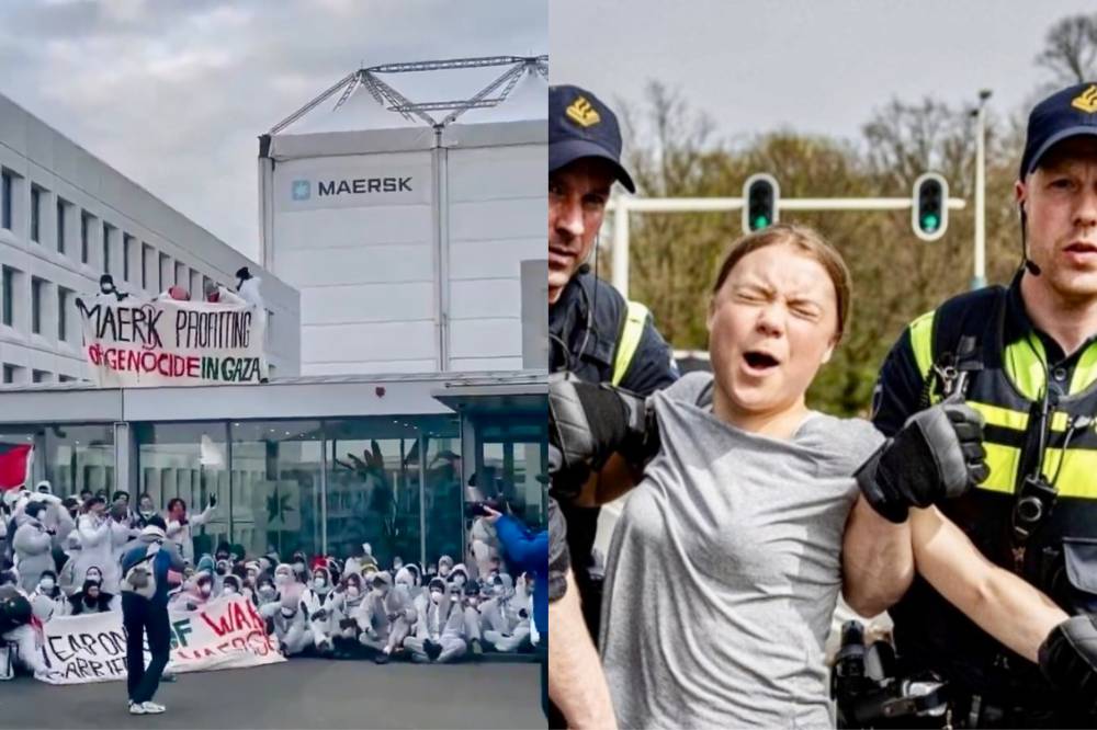 Pro-Palestinian protesters shut down Maersk HQ entrance demanding end ...