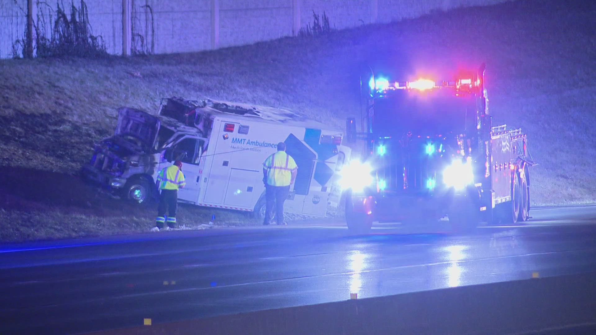 Ambulance carrying patient catches fire after crash on I-270